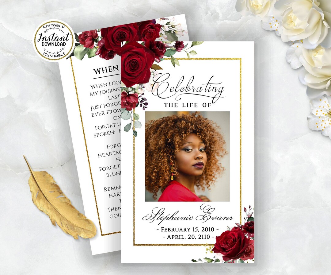 Editable Funeral Prayer Poem Card Template, RED ROSES GOLD Memorial ...