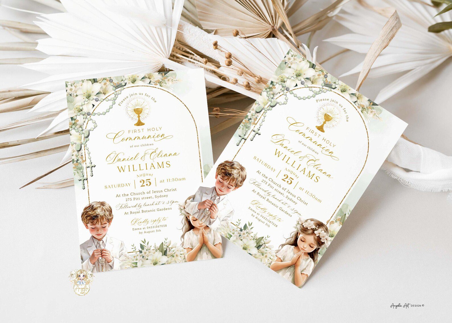 ALEX - White LILY Boy Girl Twins First Holy Communion Invitation ...