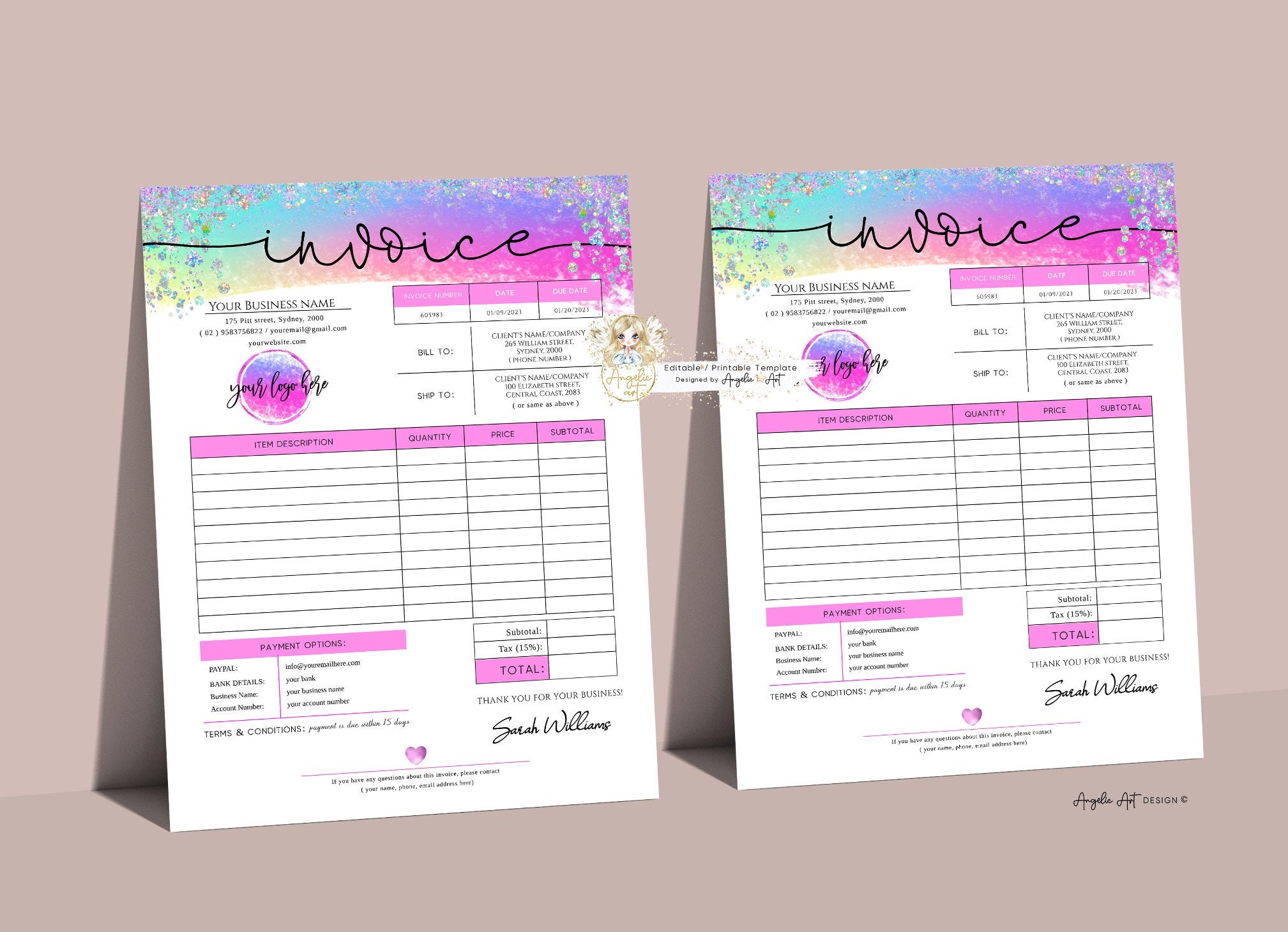 FAIRY Neon Rainbow Invoice Form Template EDITABLE Modern - Etsy