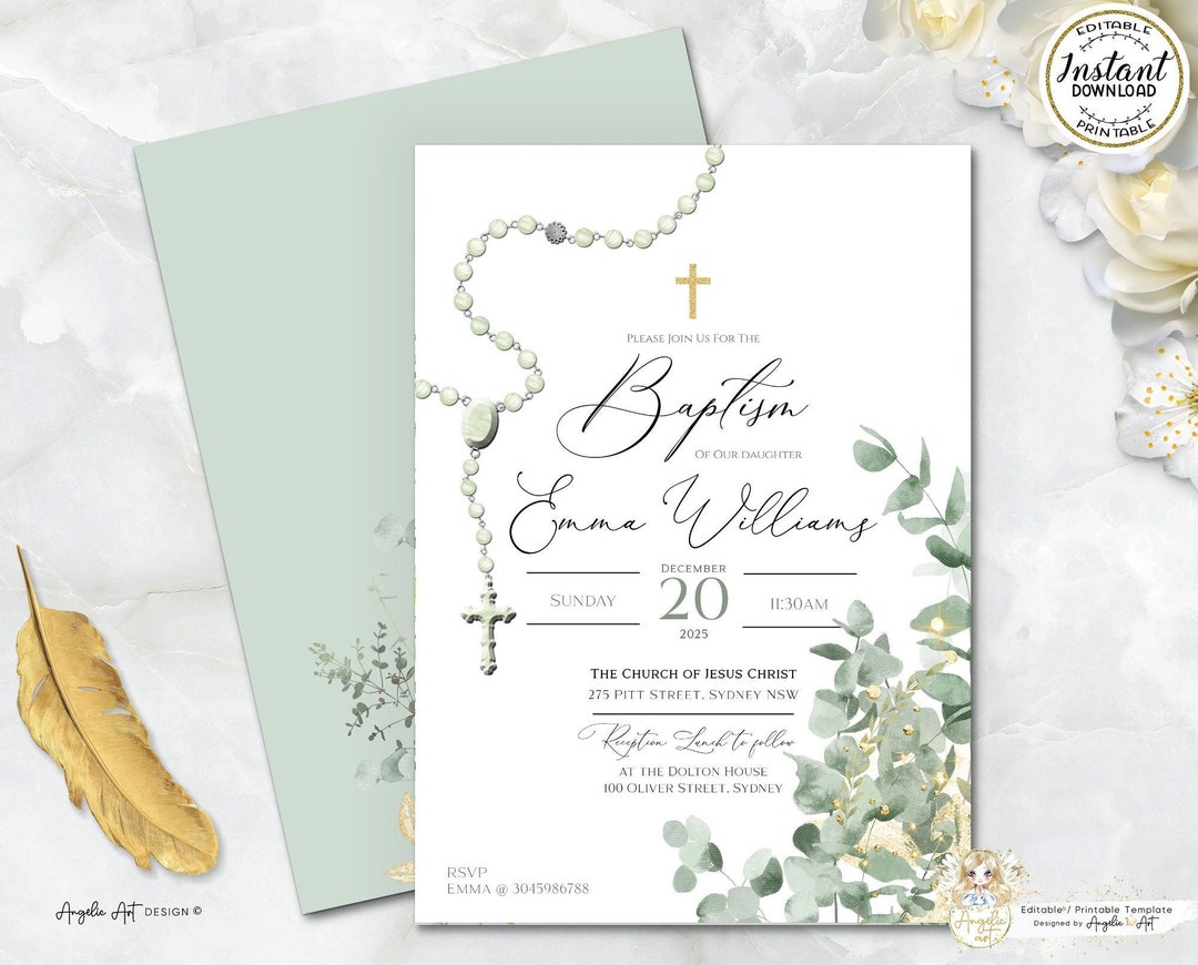 LEVI - Greenery Gold Rosary Boy Girl Baptism Invitation Template Boy Baptism Invitation ...