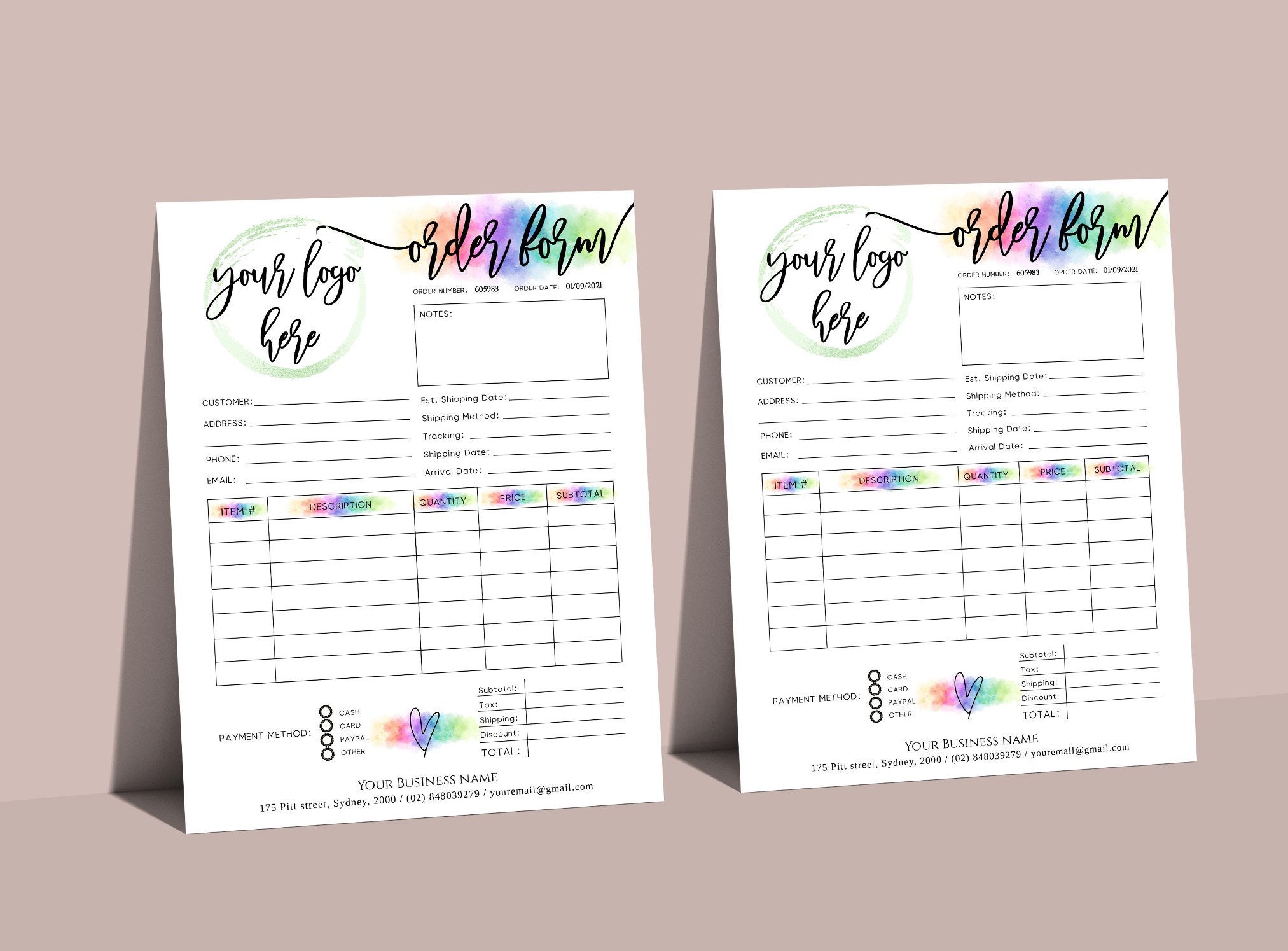 IRIS - RAINBOW Editable Order Form Template - Modern Printable Order ...