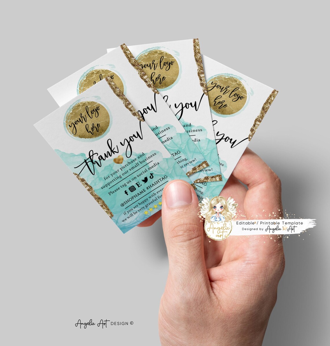 NYMPH Editable Business Thank You Card Template Teal Gold - Etsy