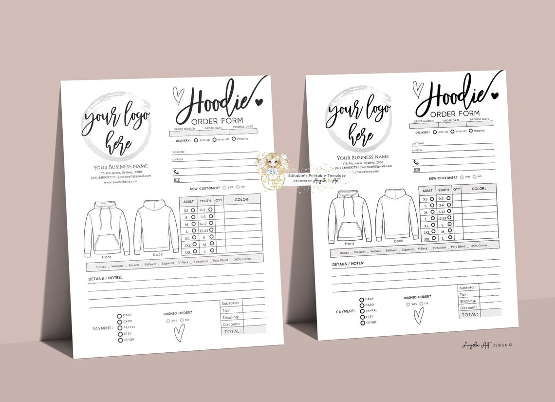 Editable HOODIE Order Form Template, Simple Modern Printable Order Form ...