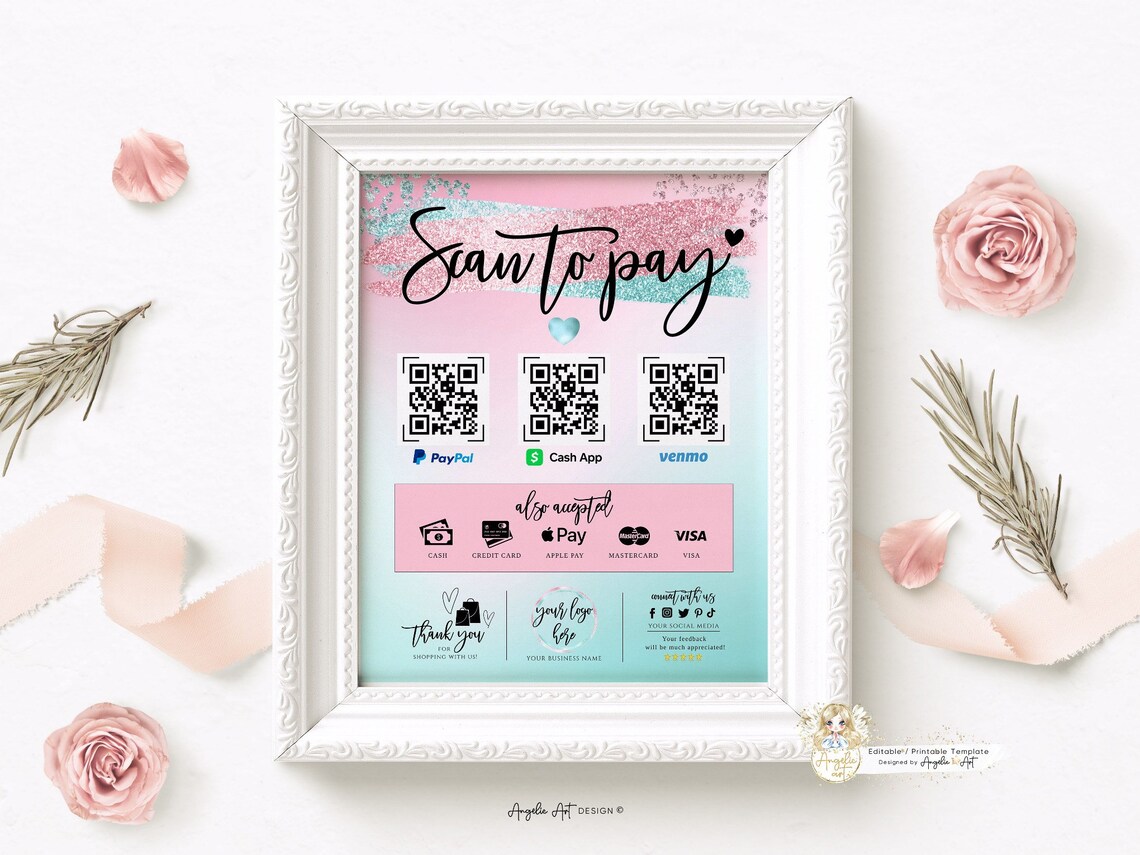 MINT Pink Scan to Pay Template Teal Rosegold Glitter Payment - Etsy