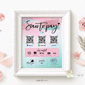 MINT Pink Scan to Pay Template, Teal Rosegold Glitter Payment Sign, QR ...