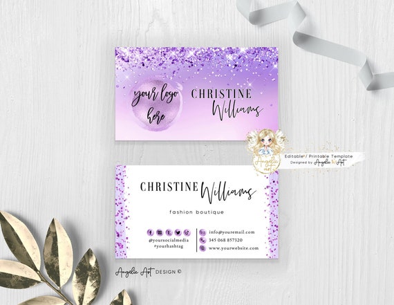 Glitter Purple Lilac Editable Business Card Template ADD Your - Etsy