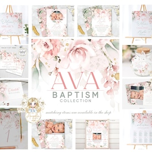 AVA - Floral Blush Pink Girl Photo Baptism Invitation Template, Pink ...