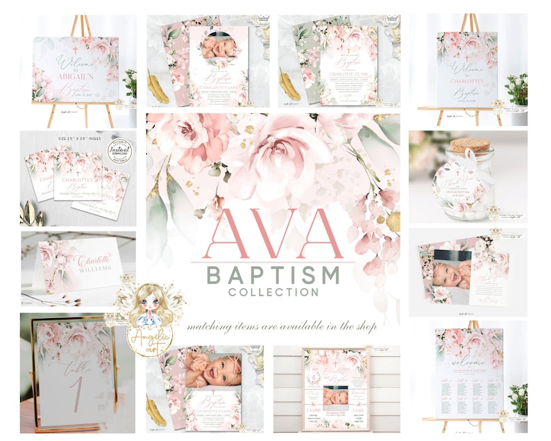 AVA - Floral Blush Pink Girl Photo Baptism Invitation Template, Pink ...
