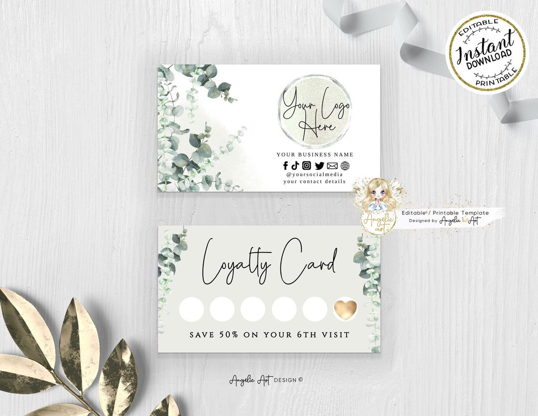 EUCALYPTUS1 Loyalty Card Template, Editable Greenery Gold Rewards Card ...