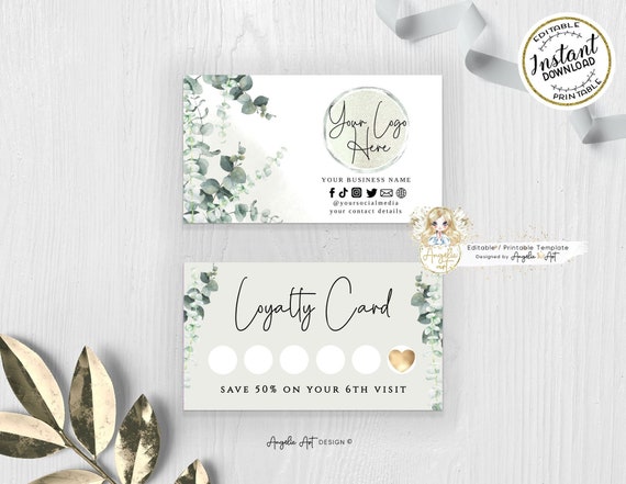 EUCALYPTUS1 Loyalty Card Template Editable Greenery Gold | Etsy