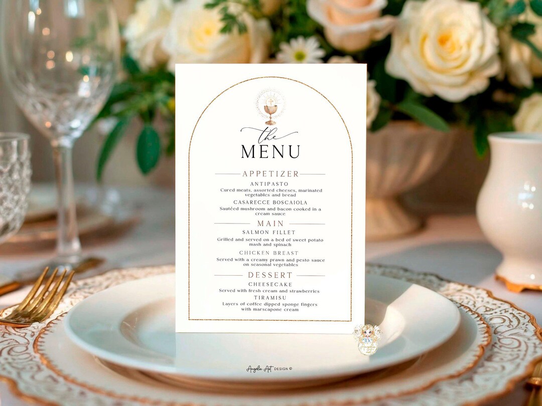 Classic Modern Golden Arch First Holy Communion Menu Template Editable ...