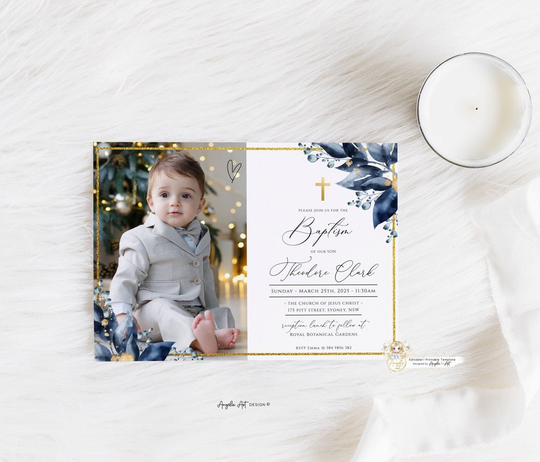ST PETER - Blue Gold Baptism Photo Invitation, PHOTO Baptism Invite ...