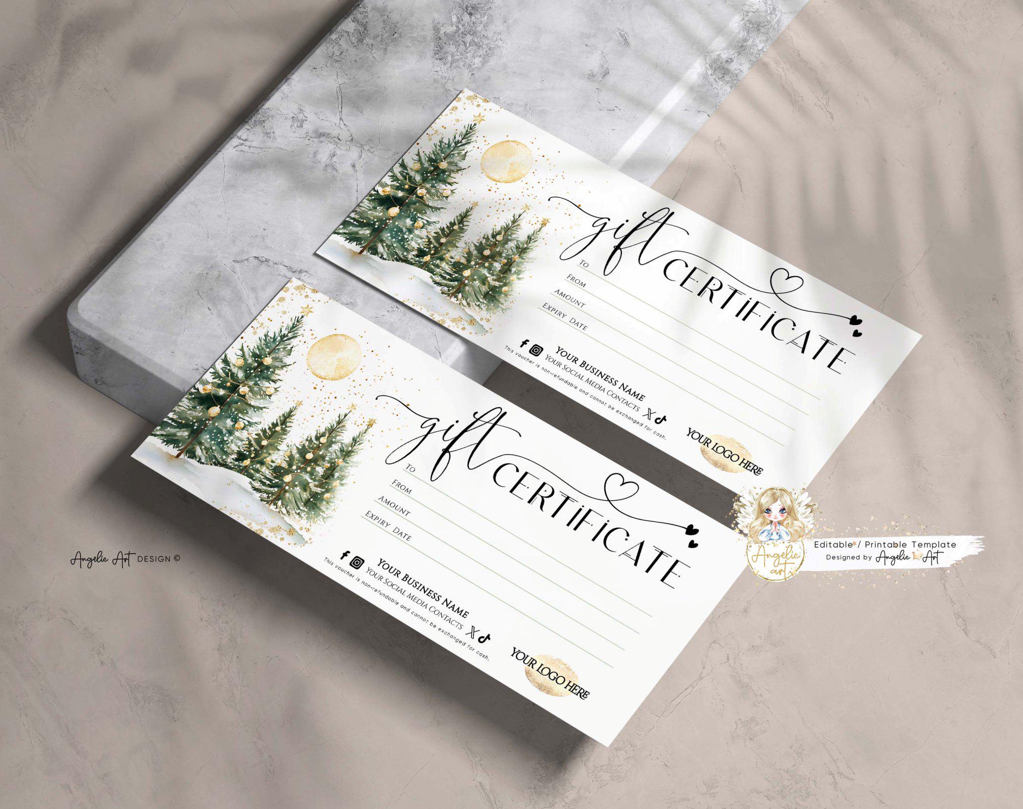 Editable Christmas Tree Gift Certificate Template, Holiday Green Gold ...