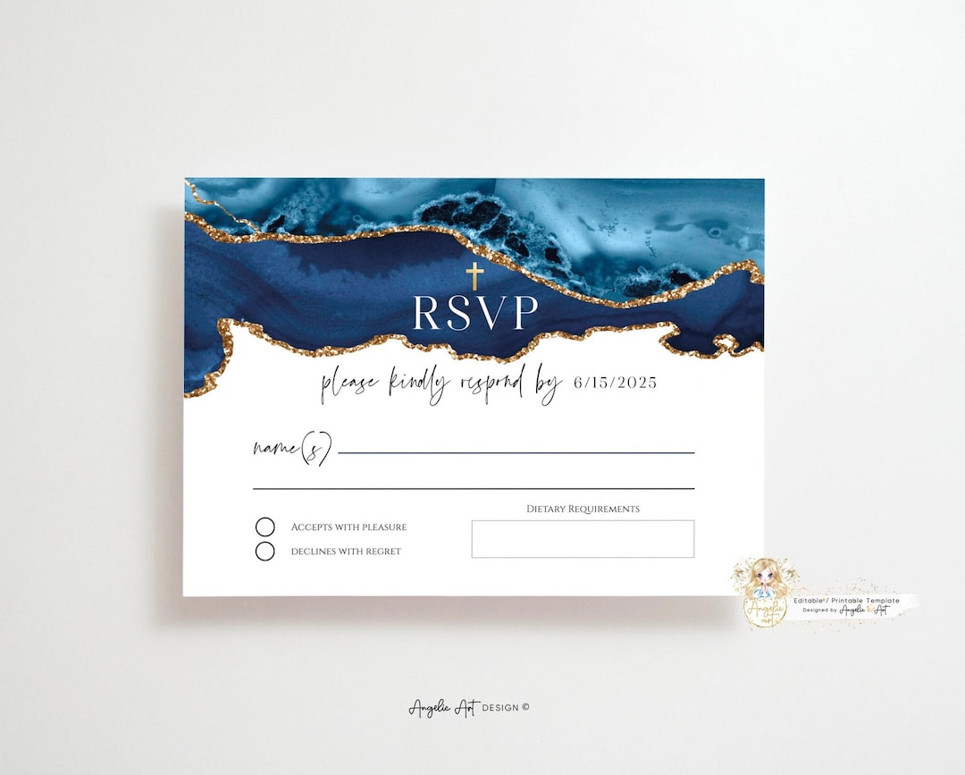 Deep BLUE and Gold Baptism RSVP Card Template Boy Baptism Response ...