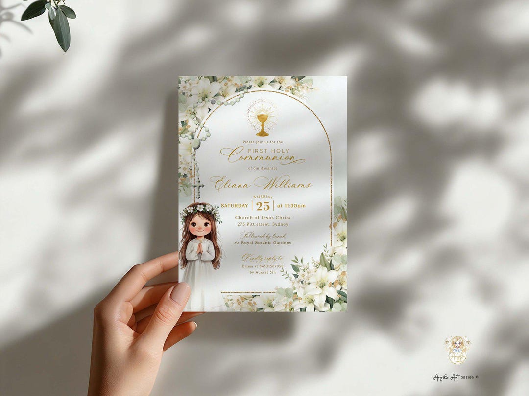 ALEX - White LILY First Holy Communion Girl Invitation Template ...