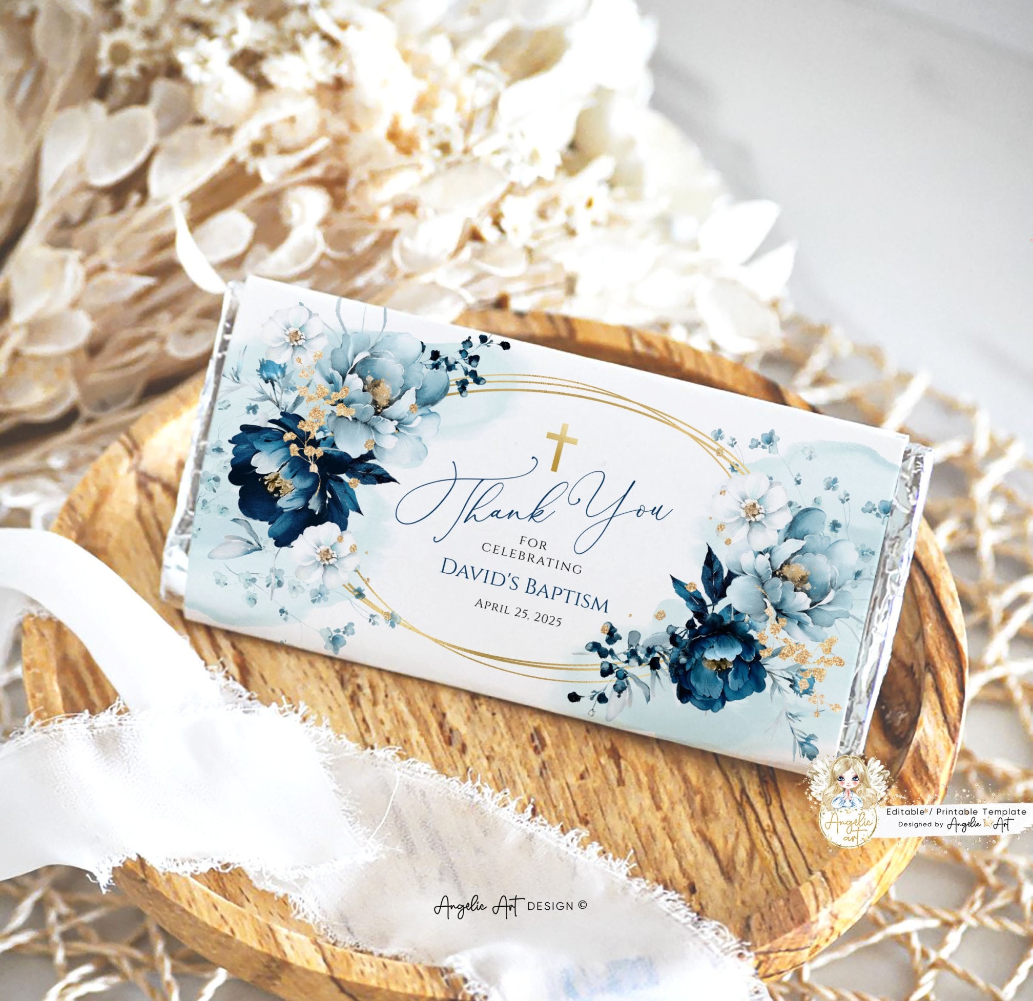LIAM Blue Gold Floral Baptism Chocolate Wrapper Template - Etsy