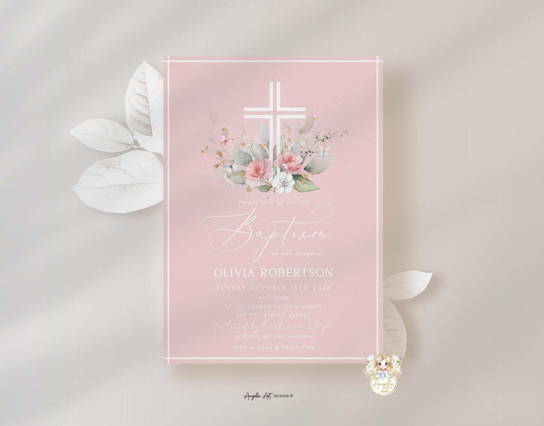 Blush Pink Baptism Invitation Template, EDITABLE Printable Blush Pink ...