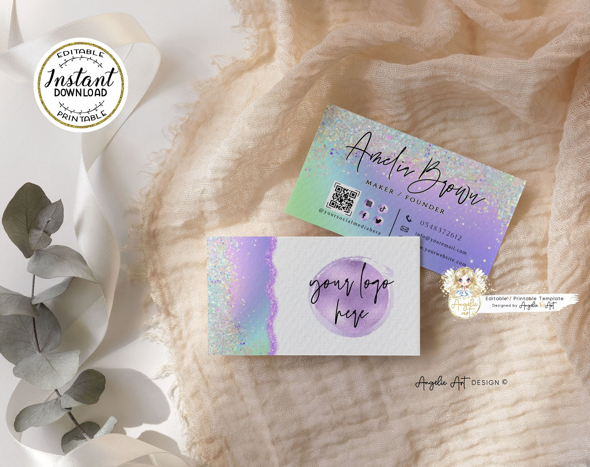 ELF Business Card Template Holographic Glitter Purple - Etsy