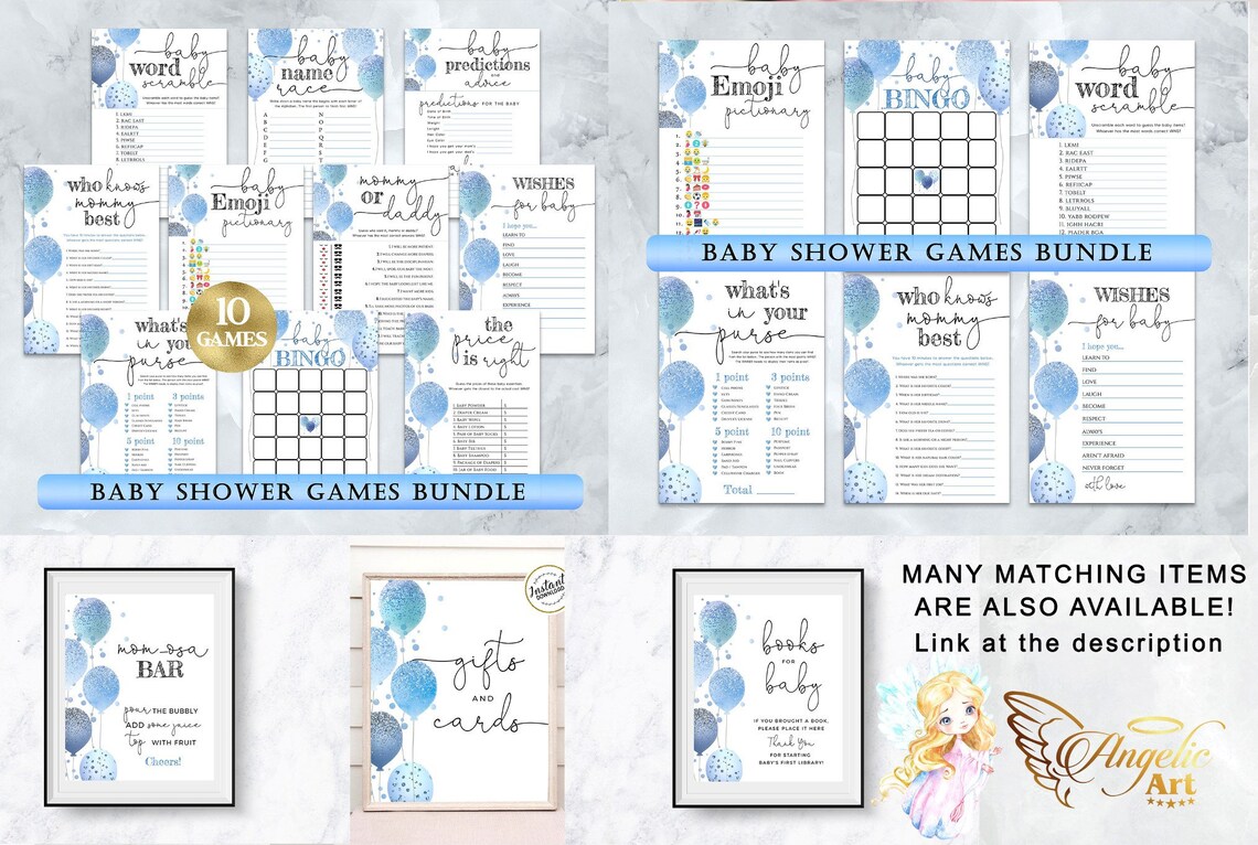 Blue Balloons Baby Shower Games Bundle Download Baby Boy - Etsy
