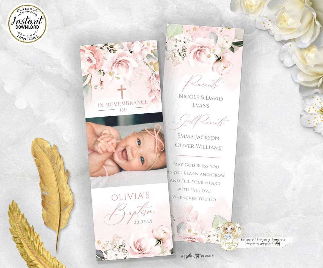AVA - Blush Pink Green Baptism Bookmark Template, ADD Your PHOTO ...