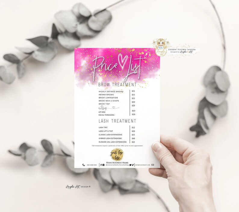 JOY - Hot Pink Gold Glitter Price List Template, EDITABLE Printable Diy ...