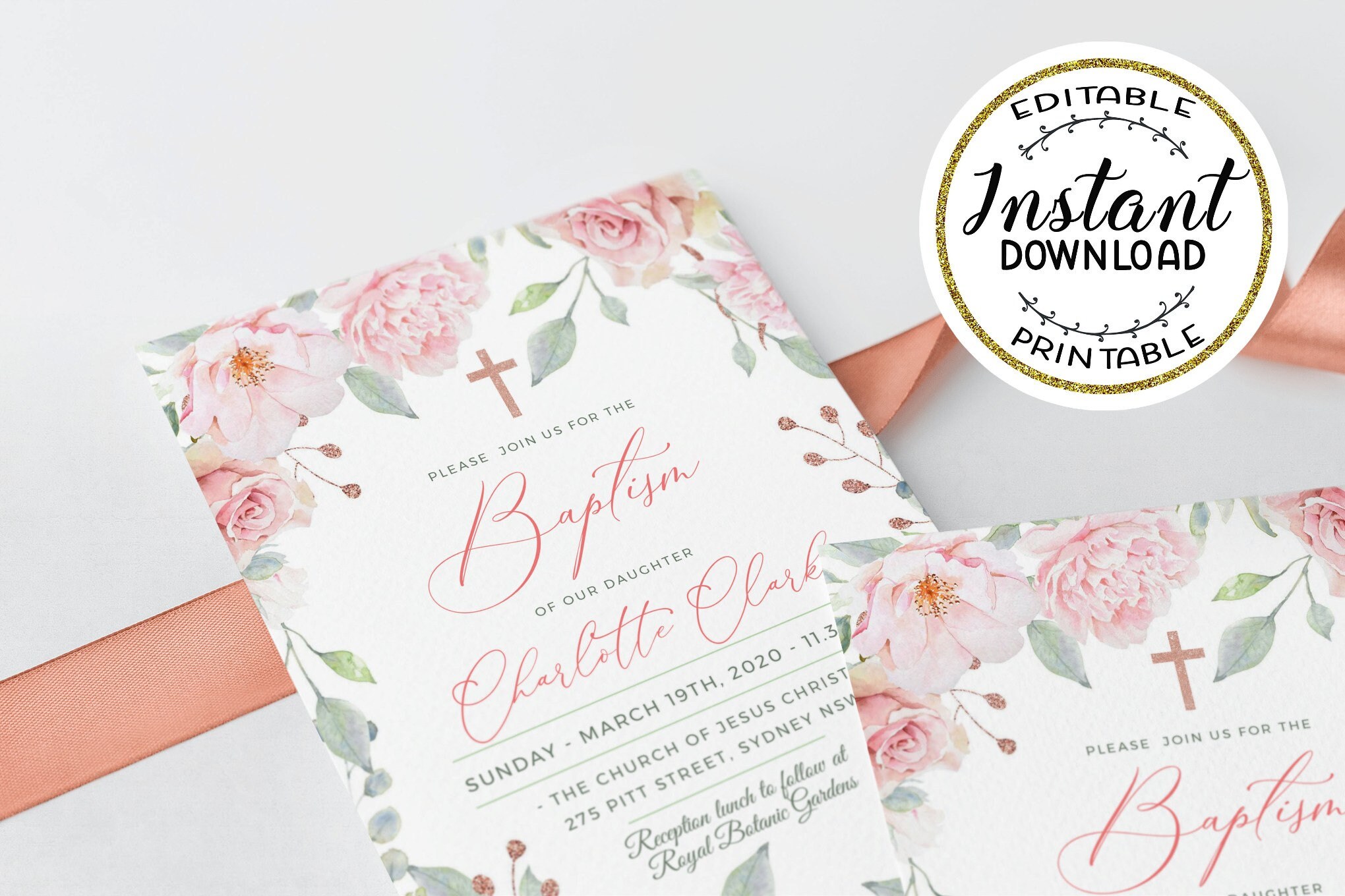 Delicate Baptism Invitation Template Girl Baptism Invitation | Etsy