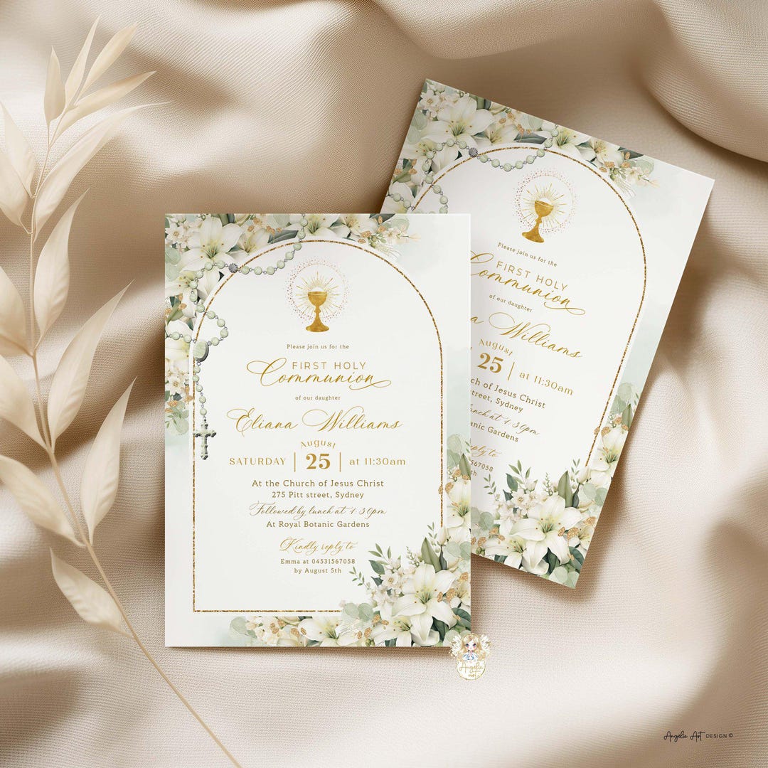 ALEX - White LILY First Holy Communion Girl Boy Invitation Editable ...