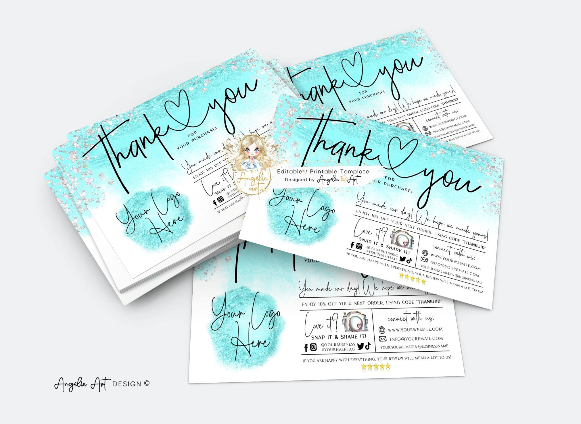 AQUA Business Insert Card Template Editable Aqua Silver - Etsy