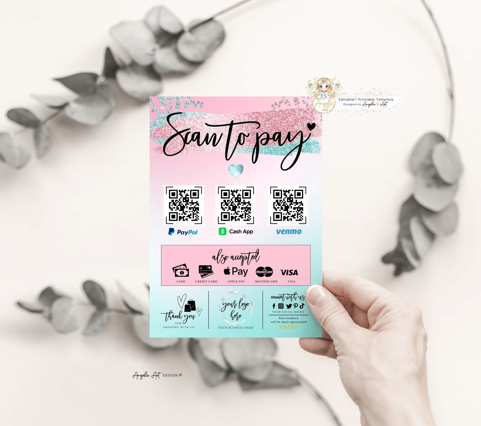 MINT Pink Scan to Pay Template Teal Rosegold Glitter Payment - Etsy
