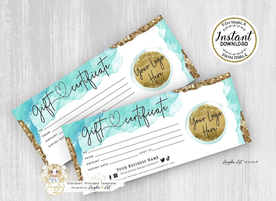 NYMPH Editable Gift Certificate Template Teal Gold Modern - Etsy