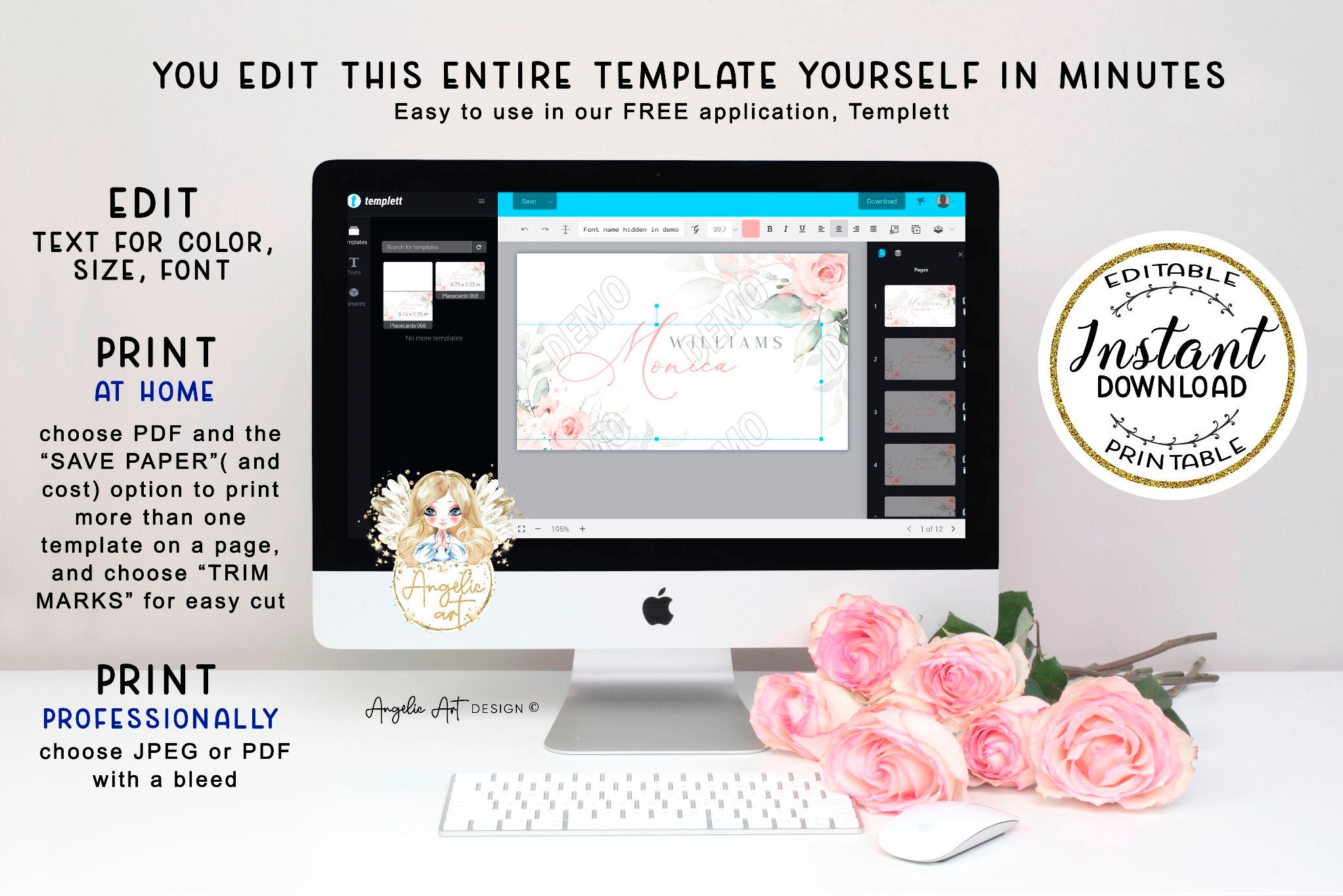 AVA Floral Pink Place Cards Templates Blush Pink Gold Green - Etsy