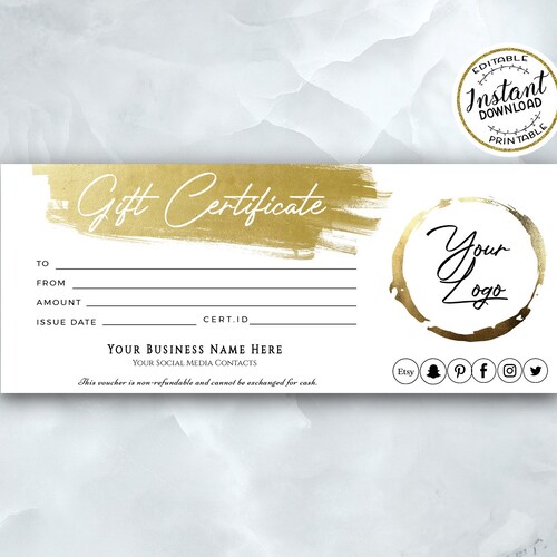 Gold Gift Certificate Template Printable Gift Card Template - Etsy