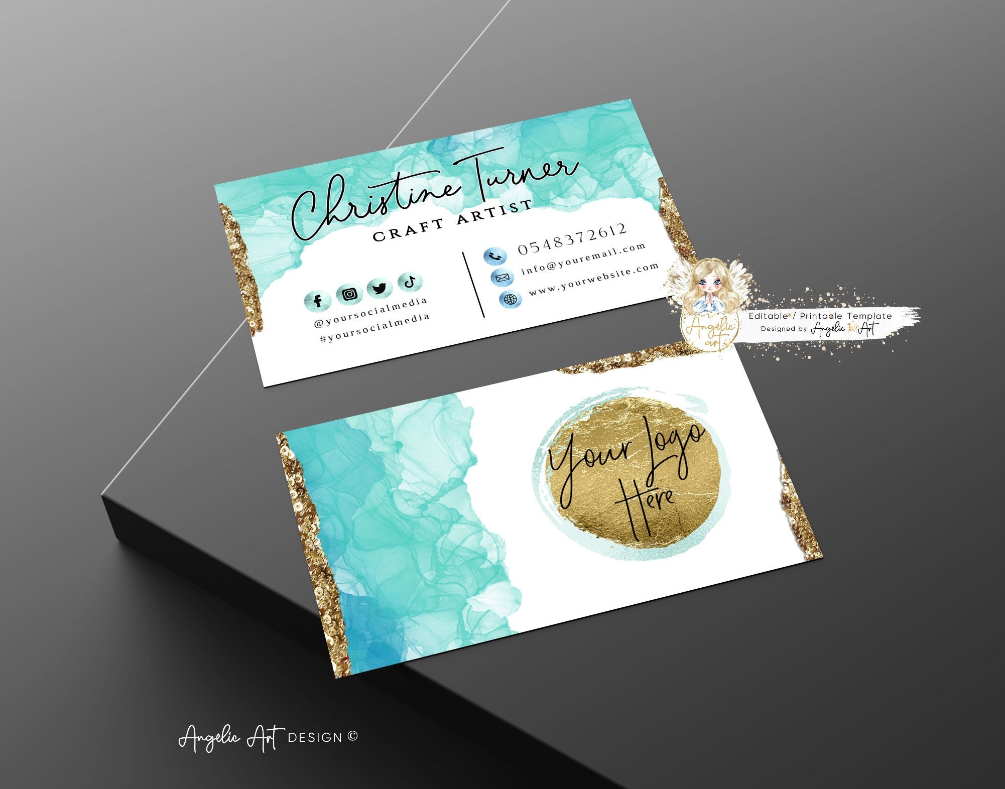 NYMPH Teal Gold Business Card Template Aqua Watercolor Ink - Etsy