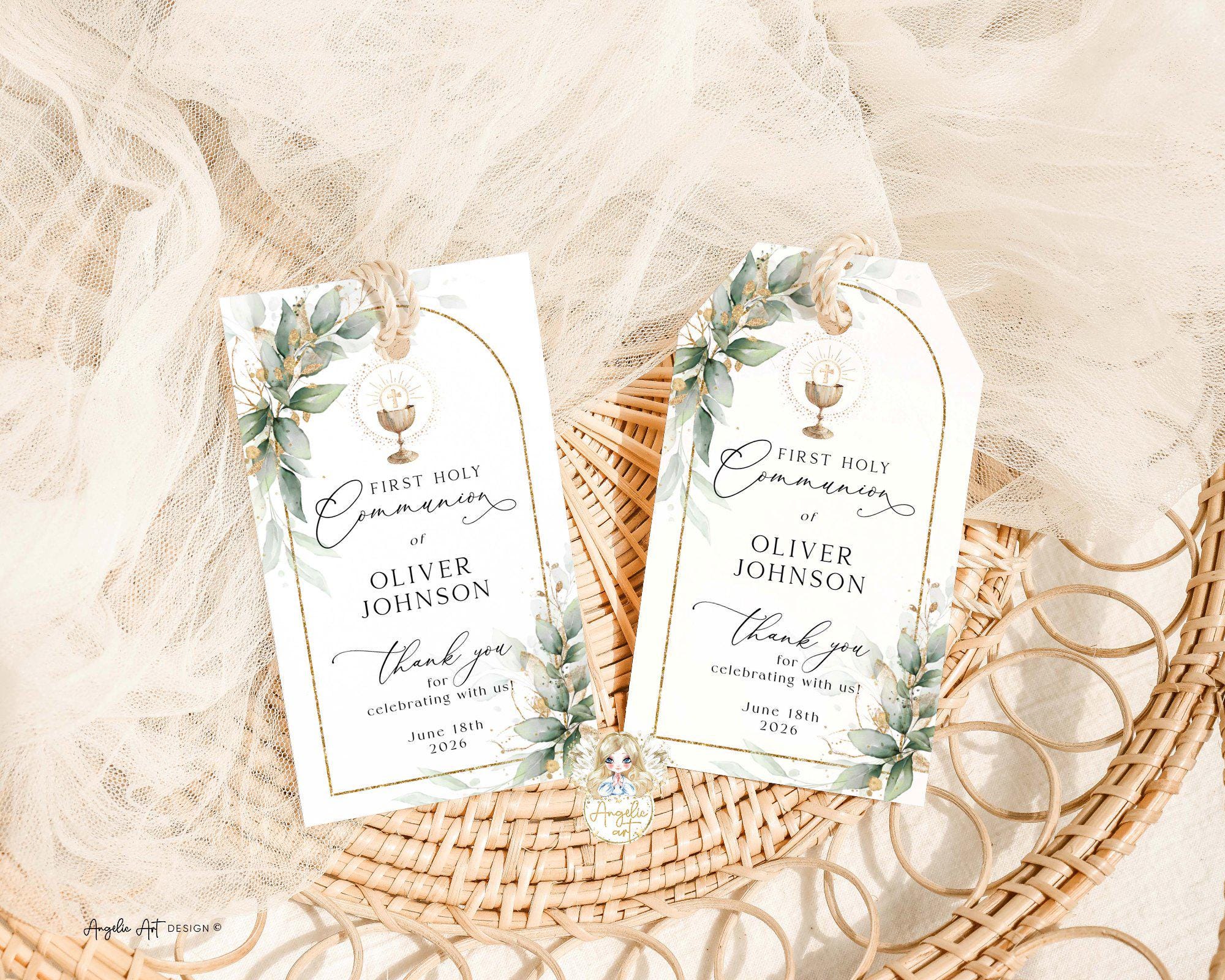 ROWAN - Greenery Gold First Holy Communion Boy Favor Tags Template ...