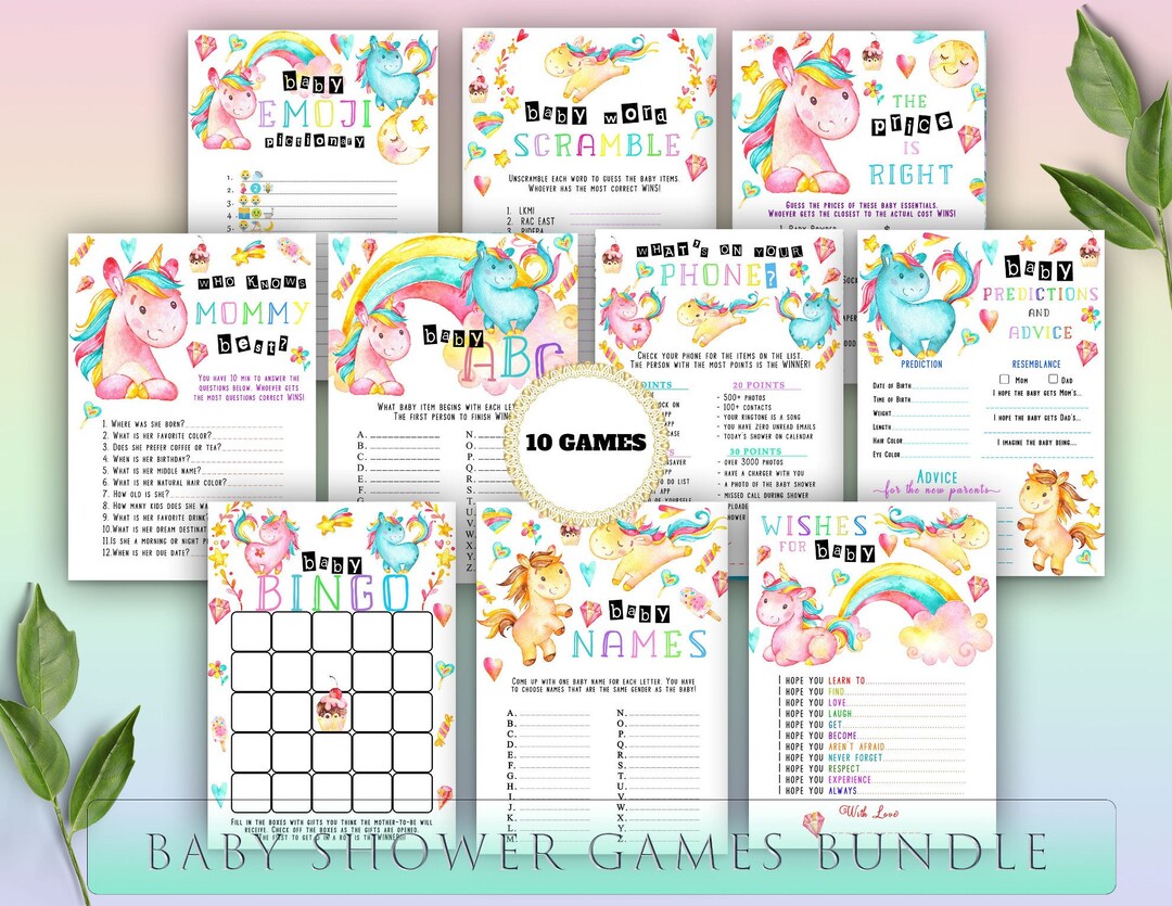 UNICORN Gold Baby Shower Games Bundle | 10 Baby Shower Games Package ...