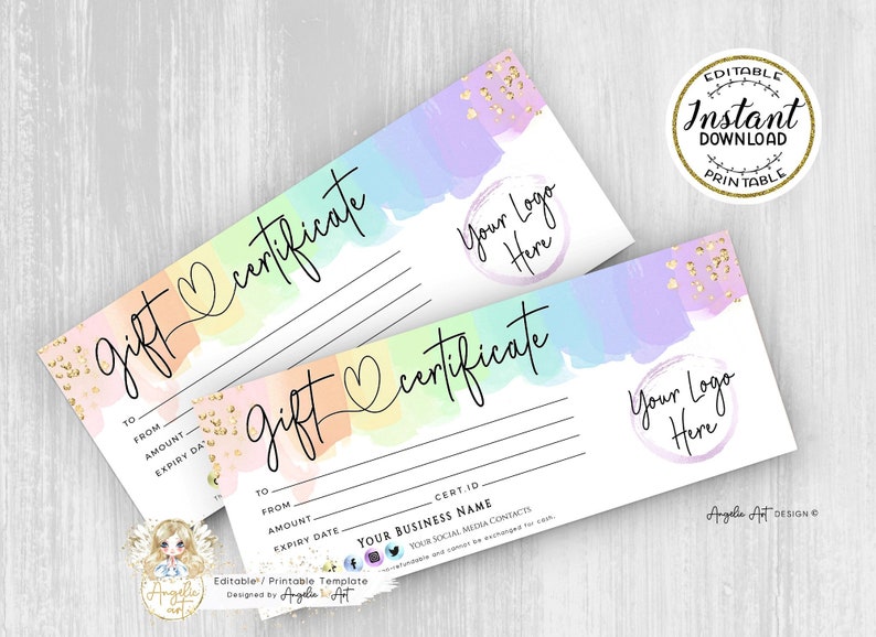 Editable Pastel RAINBOW Gold Glitter Gift Certificate Template - Etsy