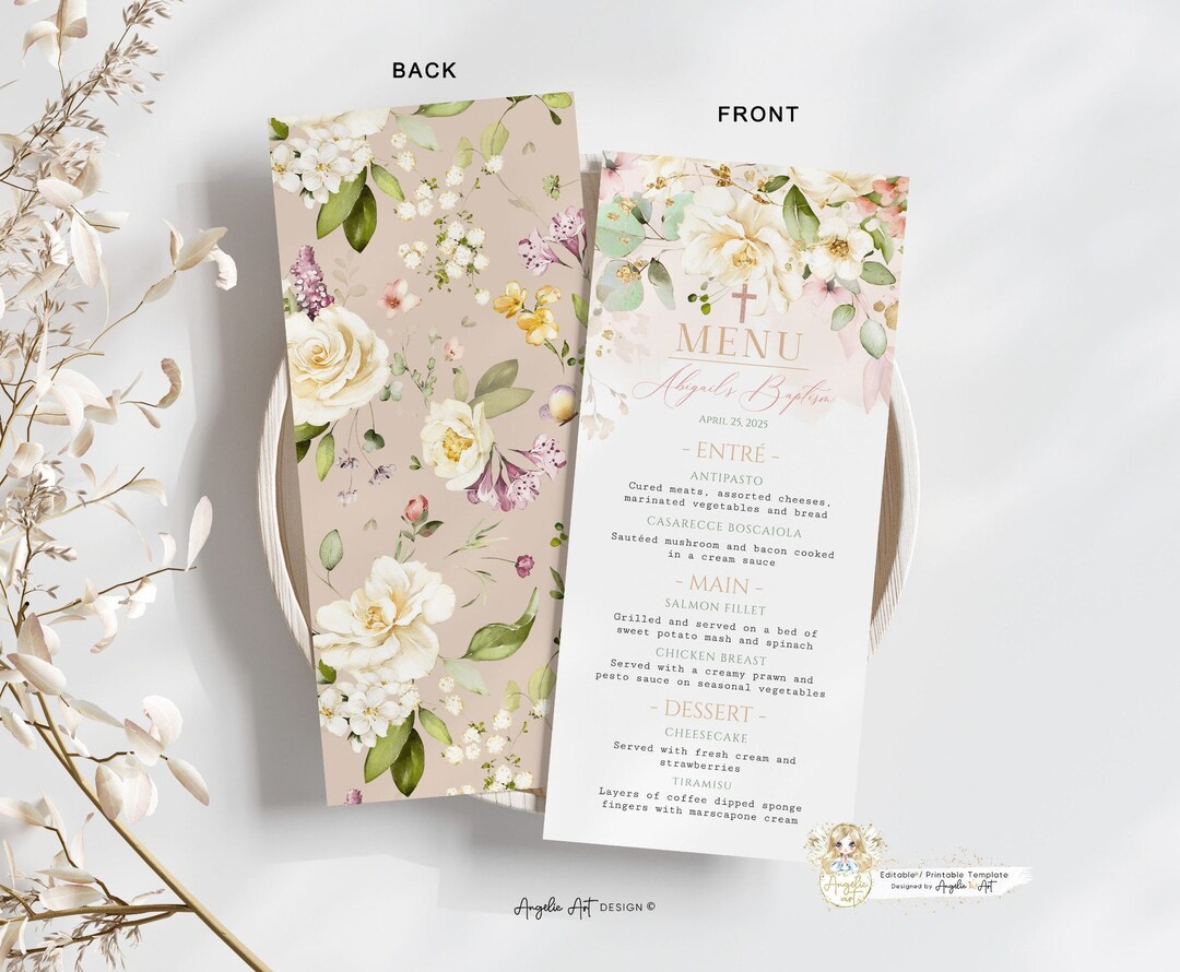 EMMA - Creamy Floral Baptism Menu Templat, EDITABLE Printable Beige ...