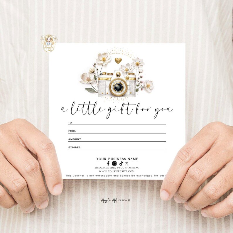Modern Photography Gift Certificate Template, White Gold Floral Camera ...