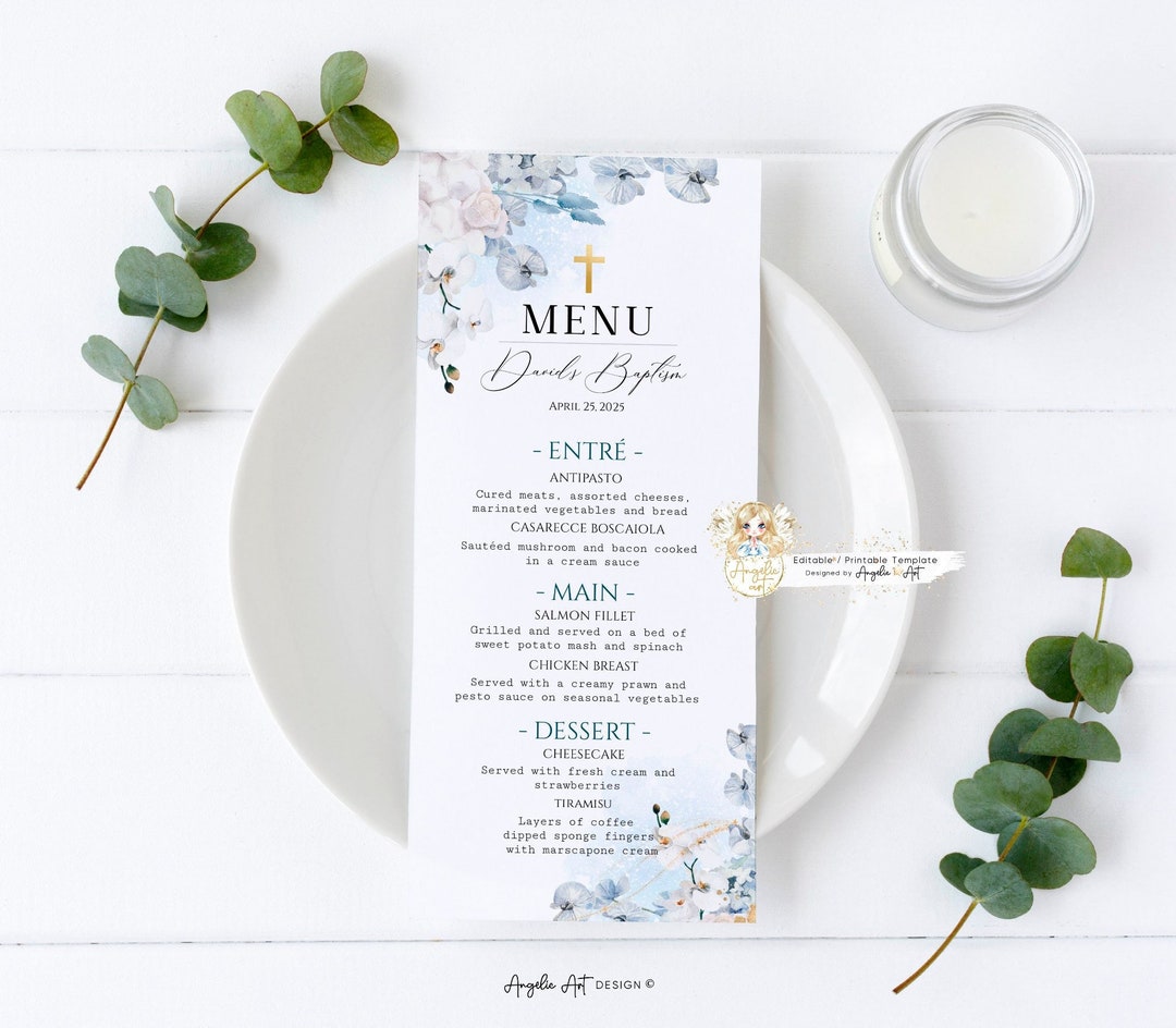 Blue White Orchid Baptism Menu Template, Editable Baptism Menu ...