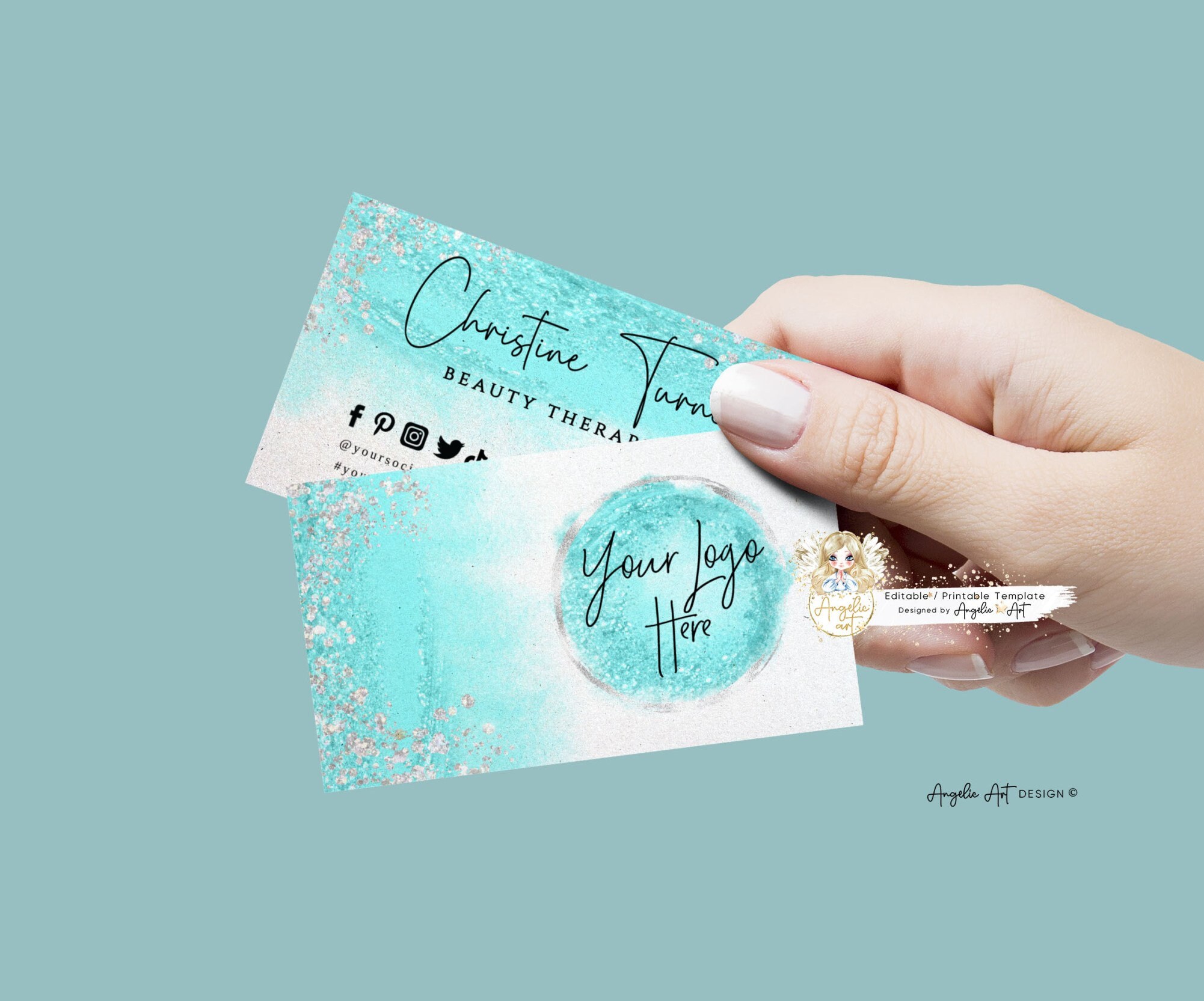 AQUA Business Card Template Aqua Silver Glitter Watercolor - Etsy