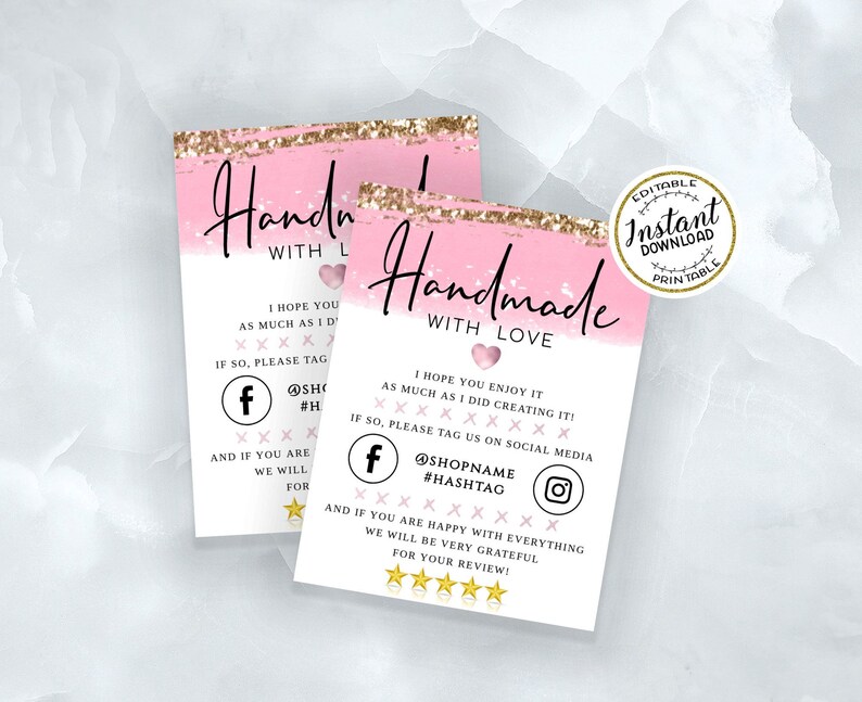 Pink Gold Handmade Business Insert Cards Printable Handmade - Etsy