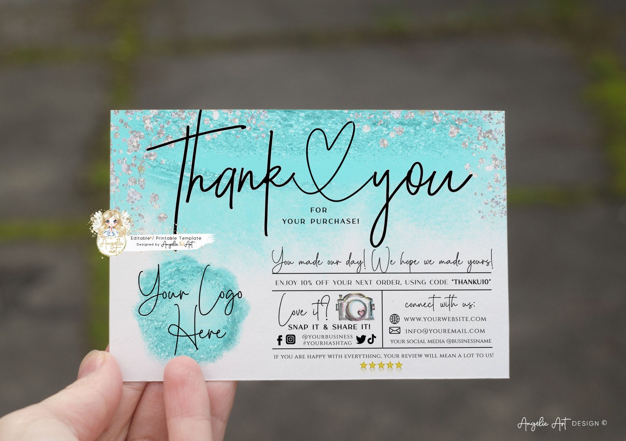 AQUA Business Insert Card Template Editable Aqua Silver - Etsy