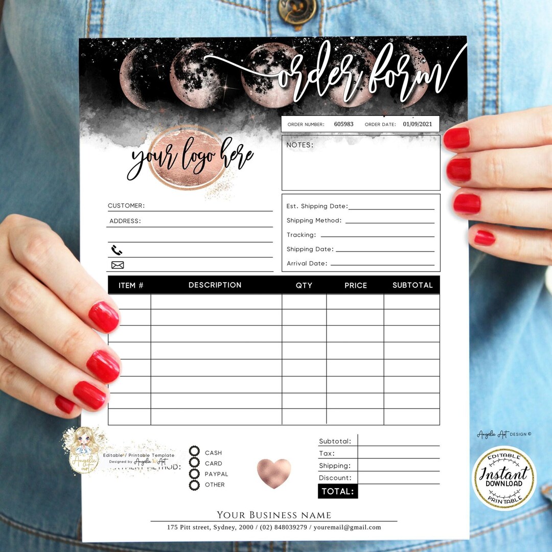 MOON Editable Moon ORDER FORM Template Black Rose Gold Printable Order ...