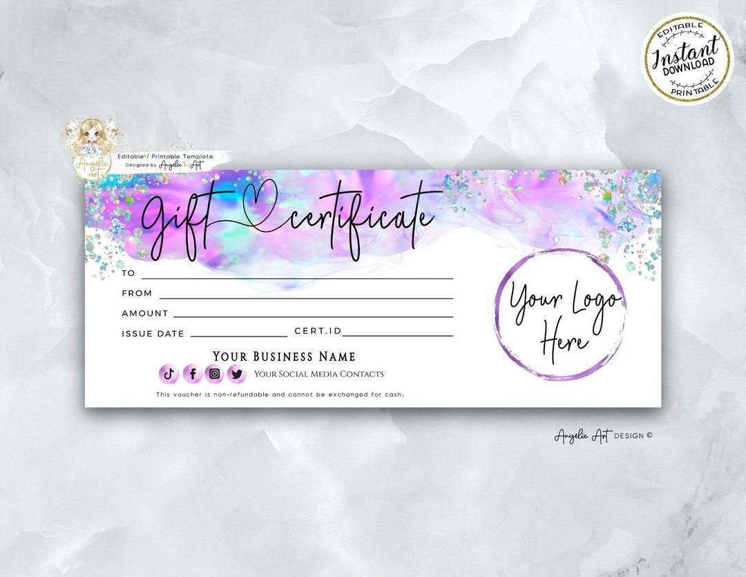 COLIBRI - Holographic Glitter Gift Certificate Template, EDITABLE ...