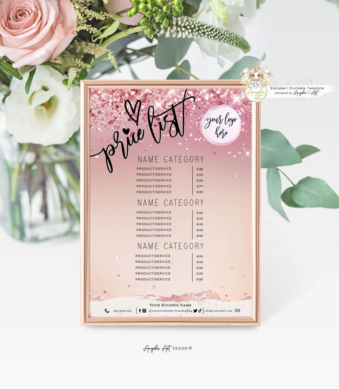 GLAM - ROSEGOLD Glitter Glam Price List Template - Editable Business ...