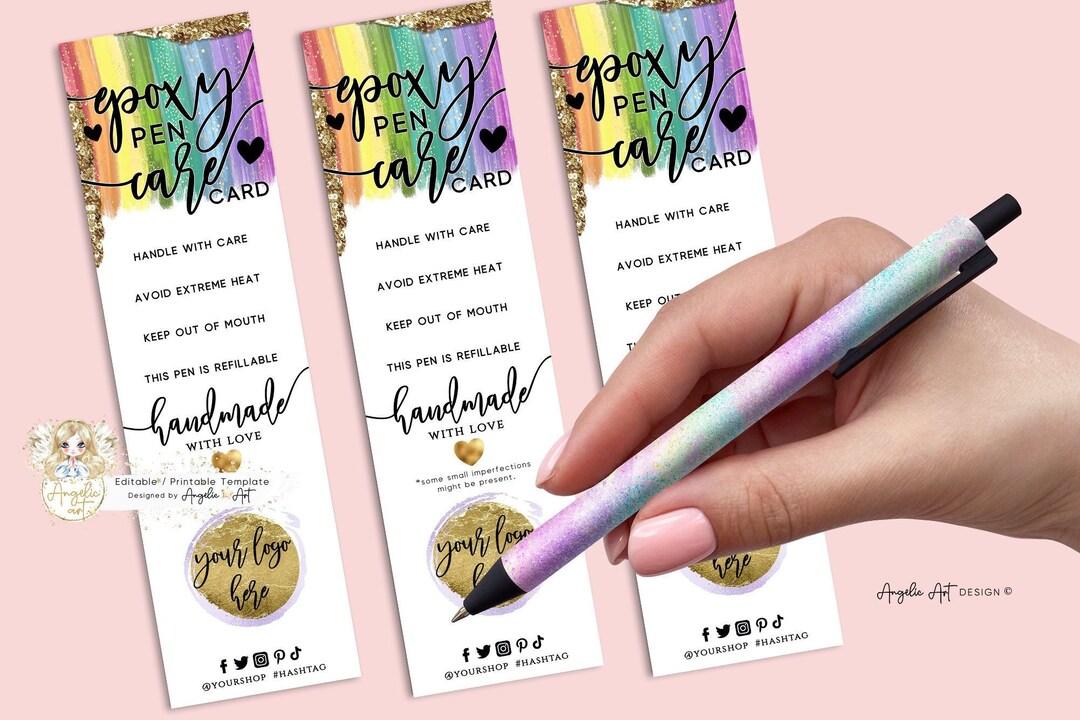RAINBOW Gold Epoxy Pen Care Card Instructions Template, Editable ...