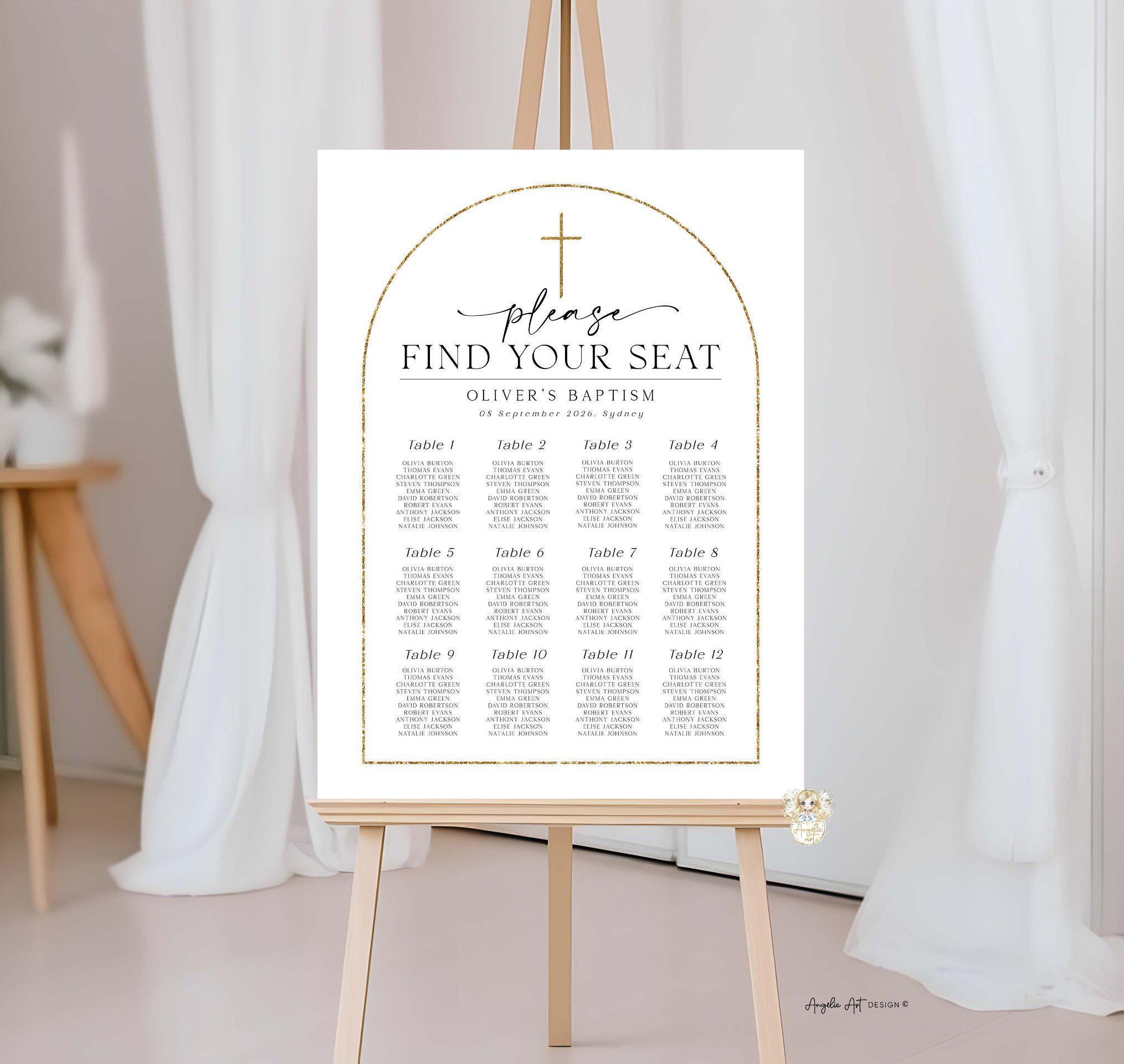 Modern Golden Arch Baptism Seating Chart Template Editable Printable ...