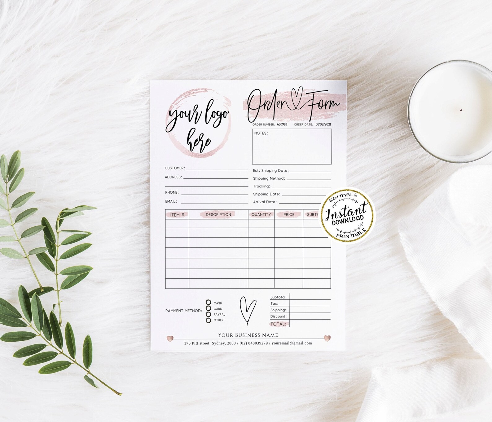 ROSY - Rose Gold Order Form Template, Modern Printable Order Form ...