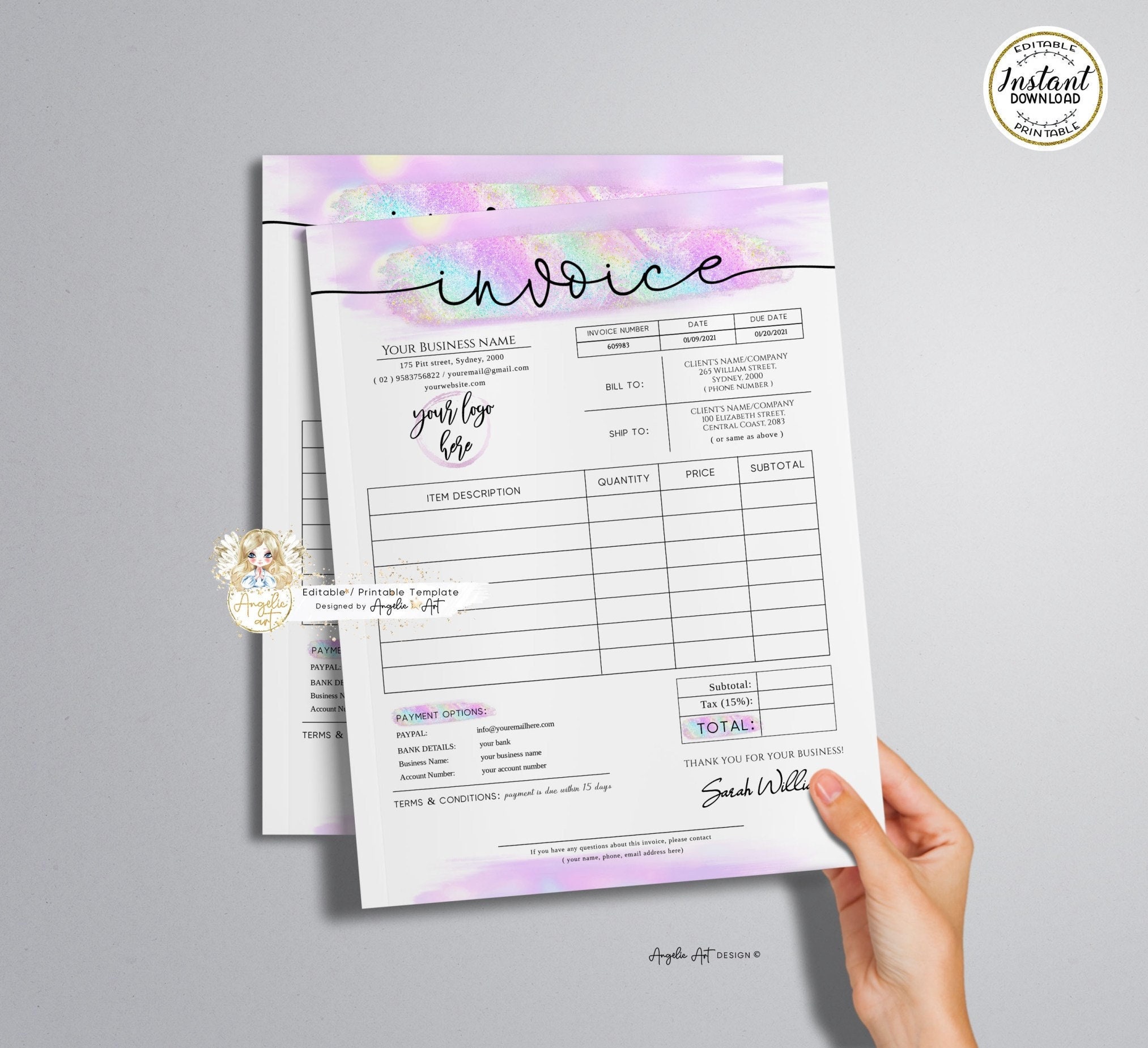 PASTEL Pink Unicorn Editable INVOICE Template Modern | Etsy