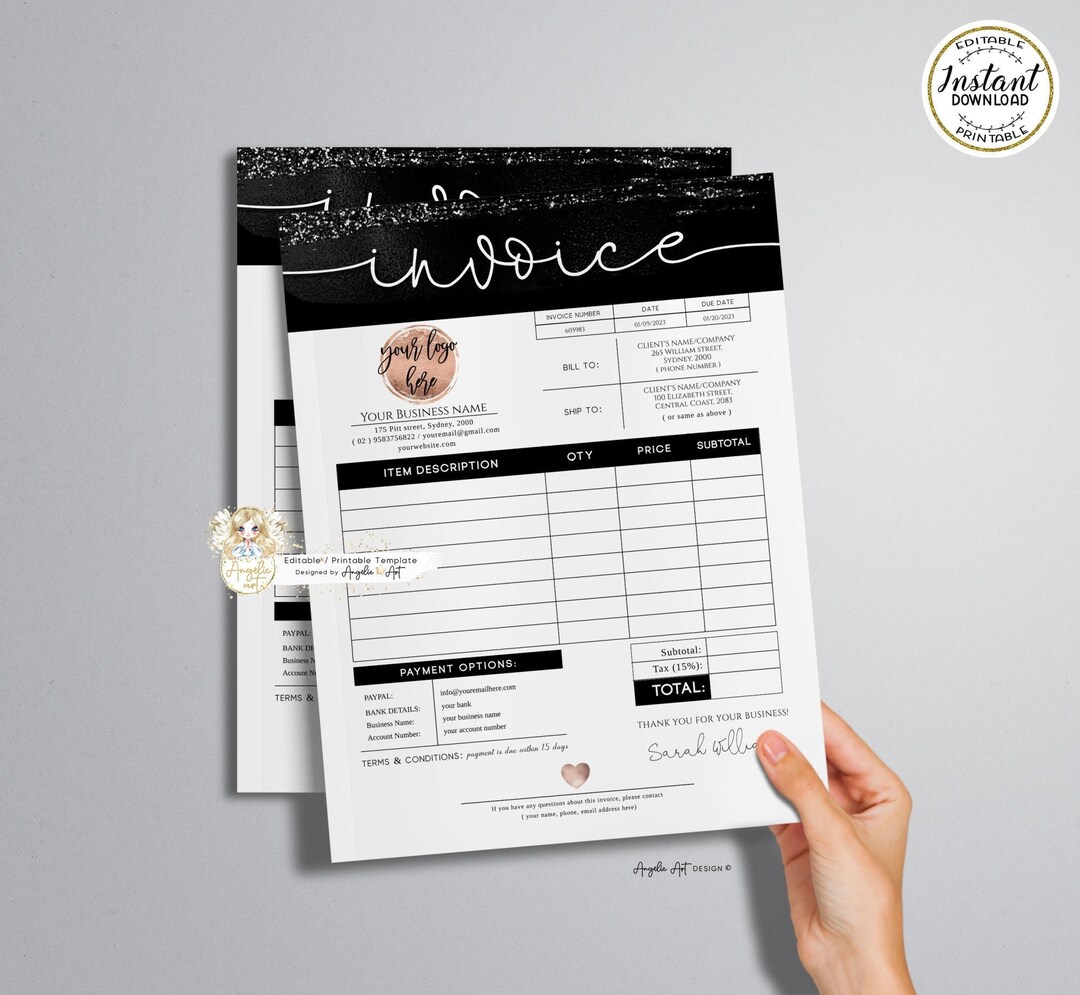 NOIR - Black Modern Invoice Template, EDITABLE Printable Black Invoice ...